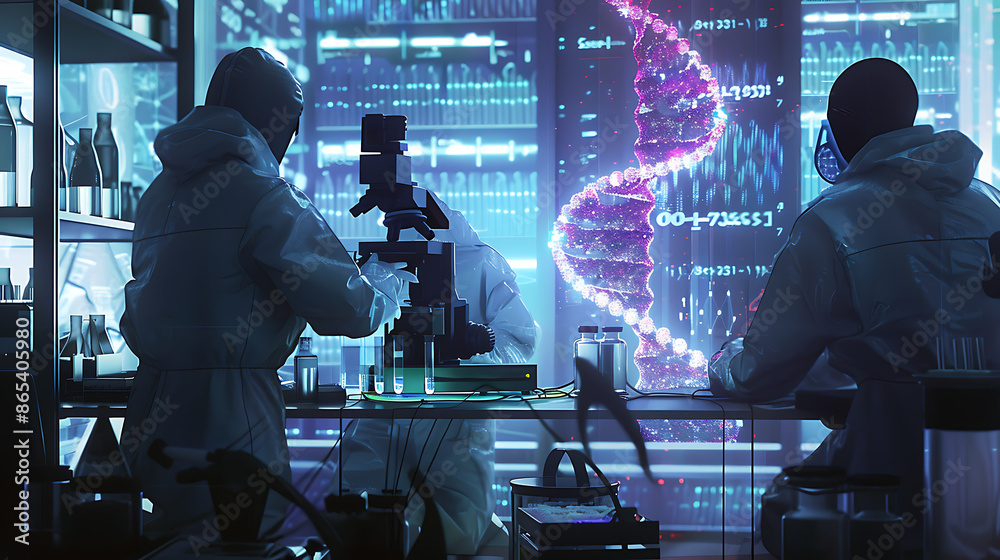 Foto de Scientists in a futuristic lab examining an alien DNA sample under a microscope, with ...
