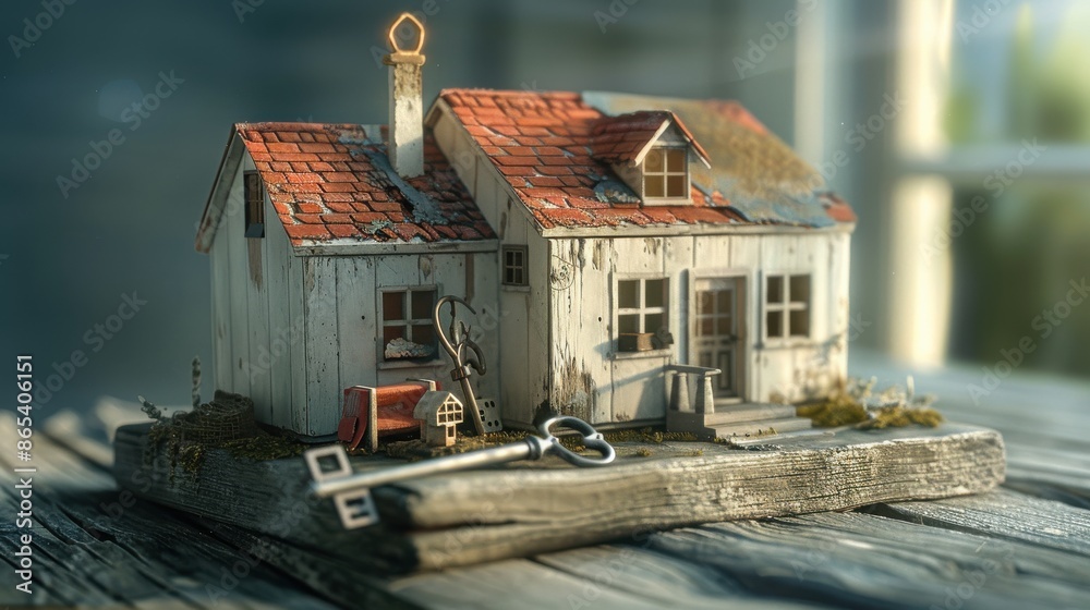 Miniature model of a rustic vintage house with red roof shingles and ...