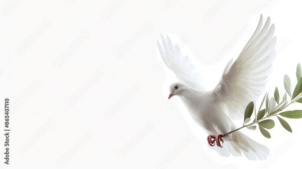 Majestic white dove carrying an olive branch, conveying a message of ...