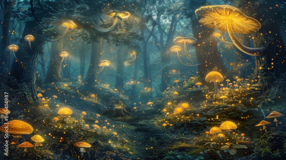 Mystical Enchanted Forest Glade with Fairy Rings, Glowing Mushrooms and ...