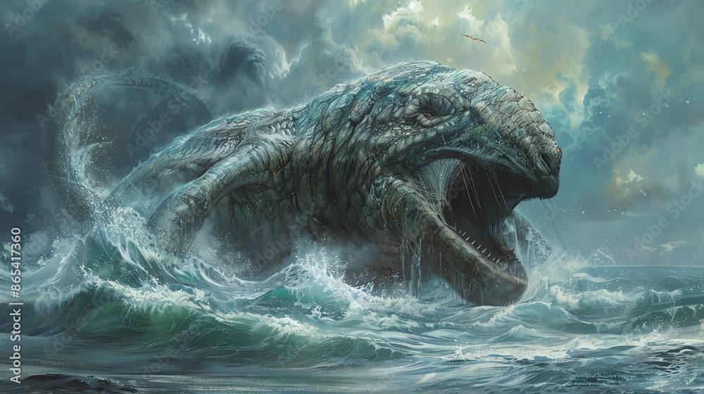 A giant sea monster emerges from the depths of the ocean. Its massive ...