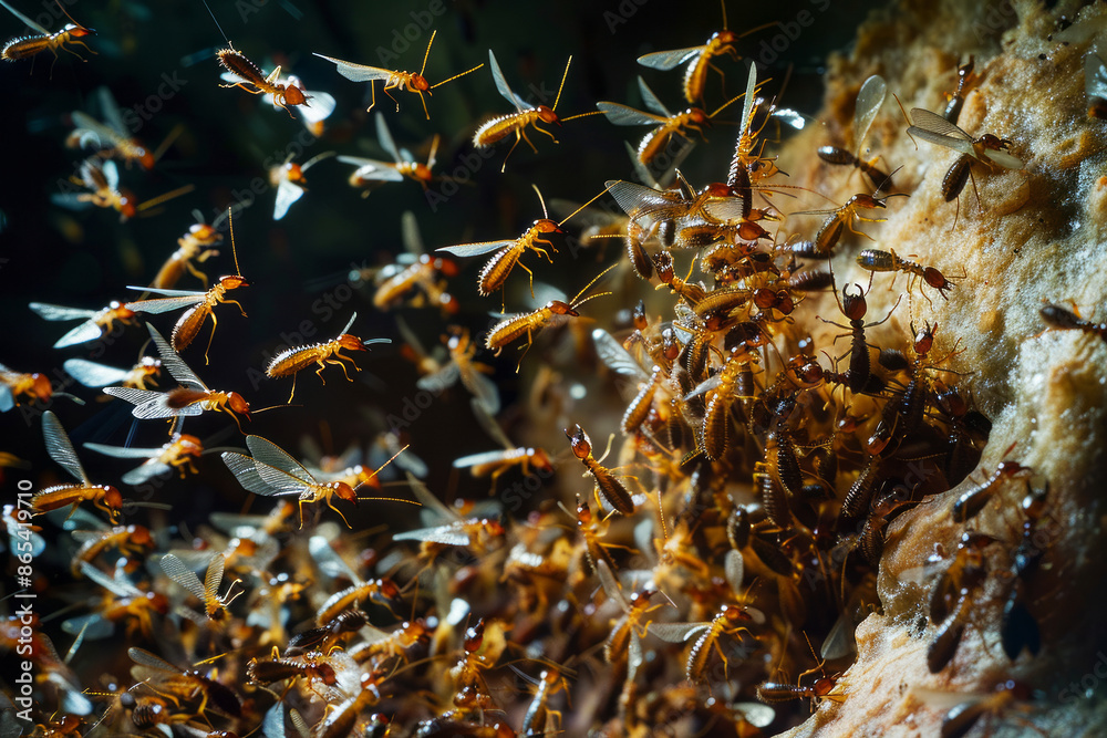 Swarm of flying termites emerging from a nest, captured in detailed ...