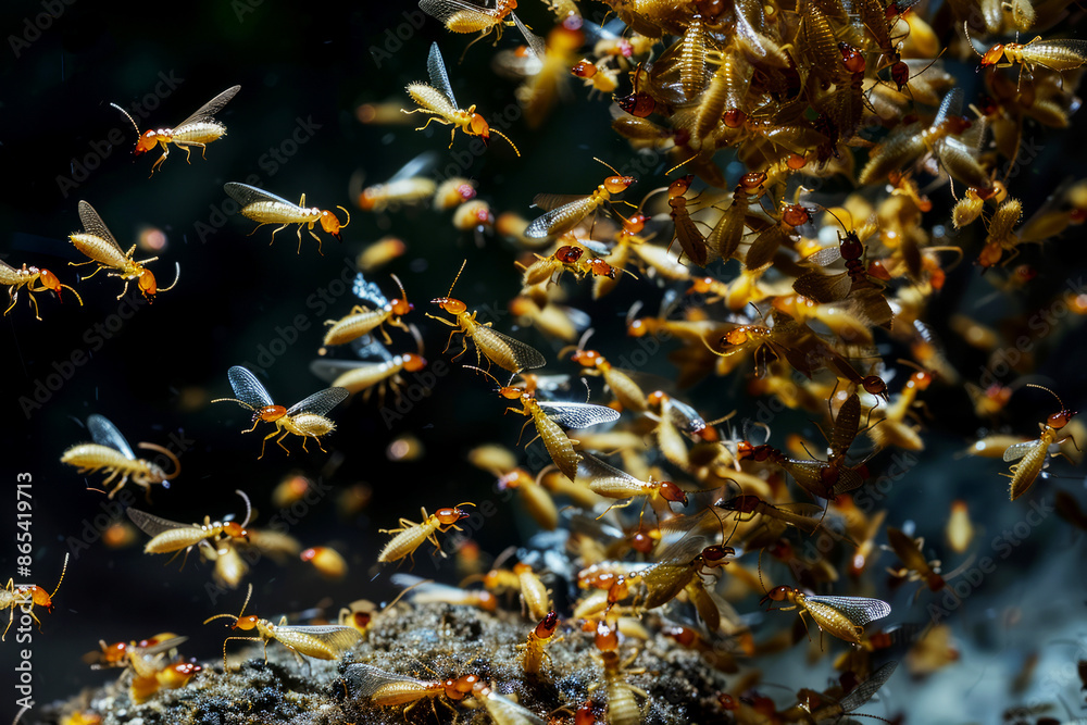 Swarm of flying termites emerging from a nest, captured in detailed ...