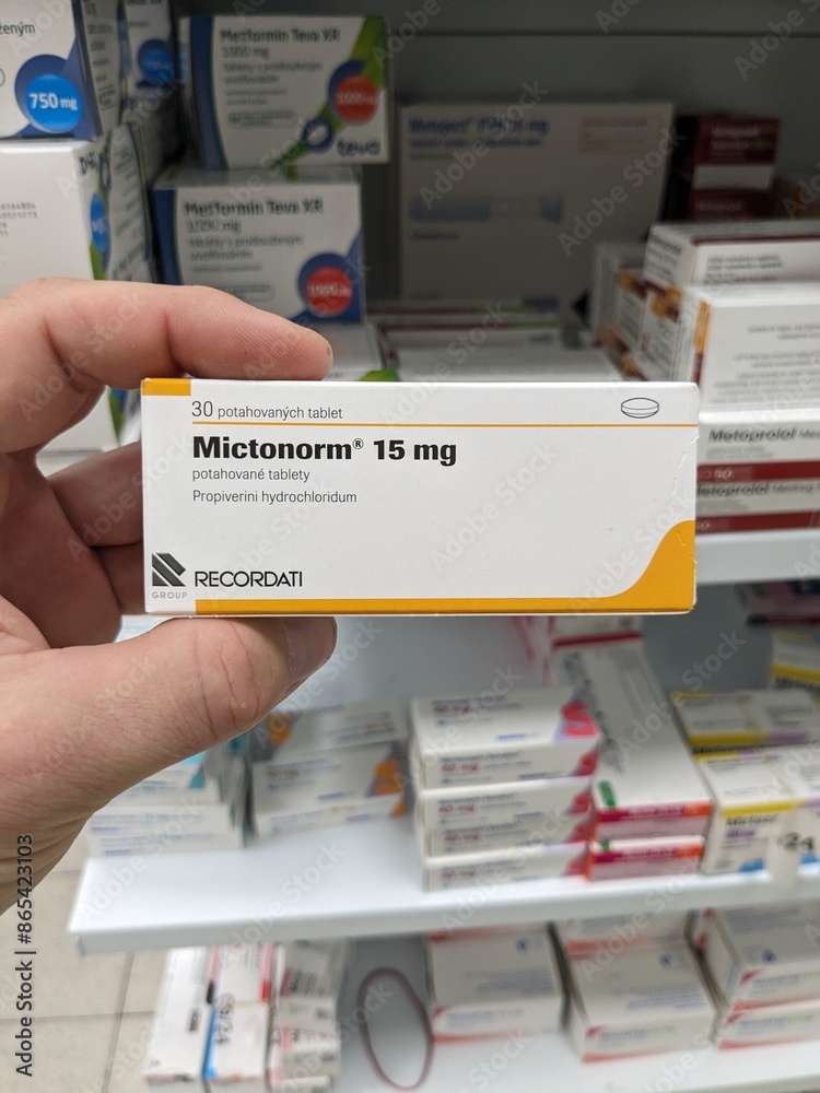 Prague, Czech Republic - JULY 10 2024: Mictonorm box of medication with ...