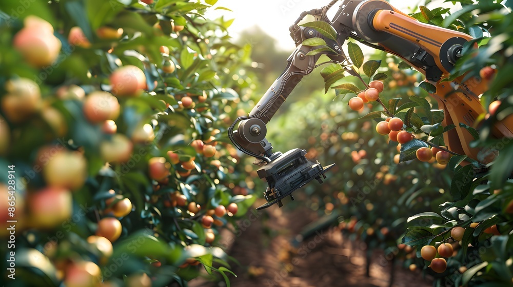 A robot is picking apples from a tree. The robot is yellow and has a ...