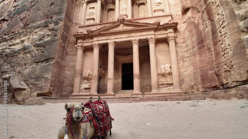 dromedary relaxing in front of Petra's Treasury in Jordan, a famous ...