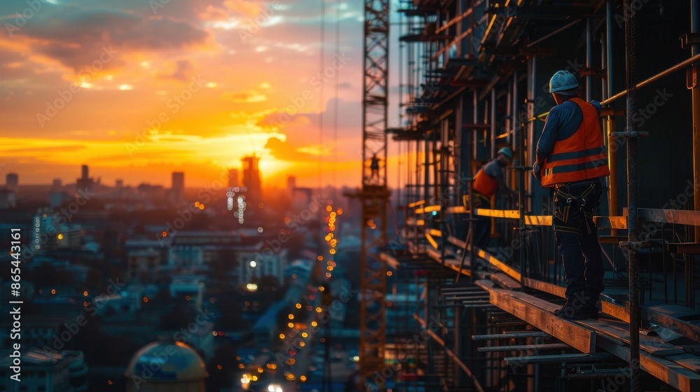 Construction workers on a high-rise building at sunset. Industrial ...