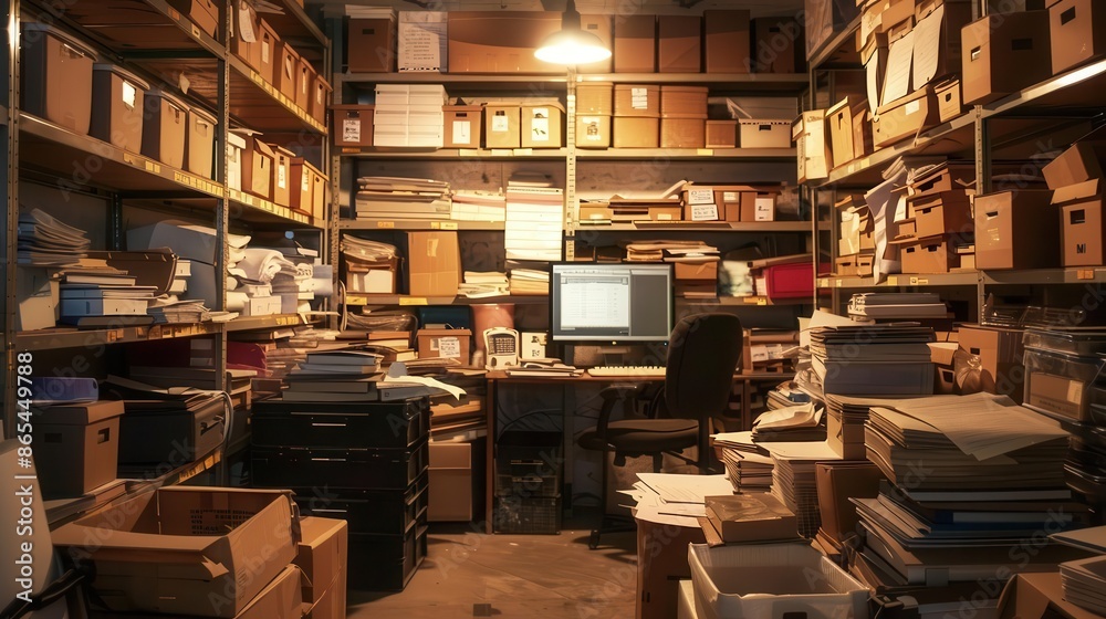 a bustling office storage room with stacked boxes metal shelves and a ...