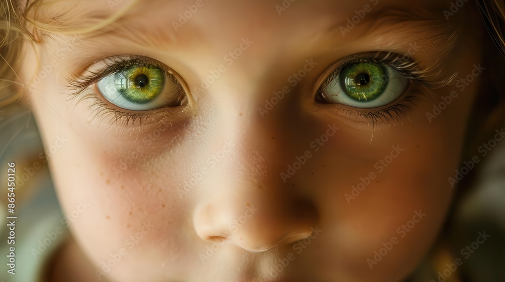 a childs face fills the frame their piercing bright green eyes ...