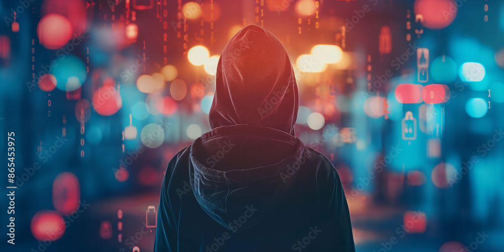 Hacker in a Hoodie with Digital Code Overlay in City Lights ...
