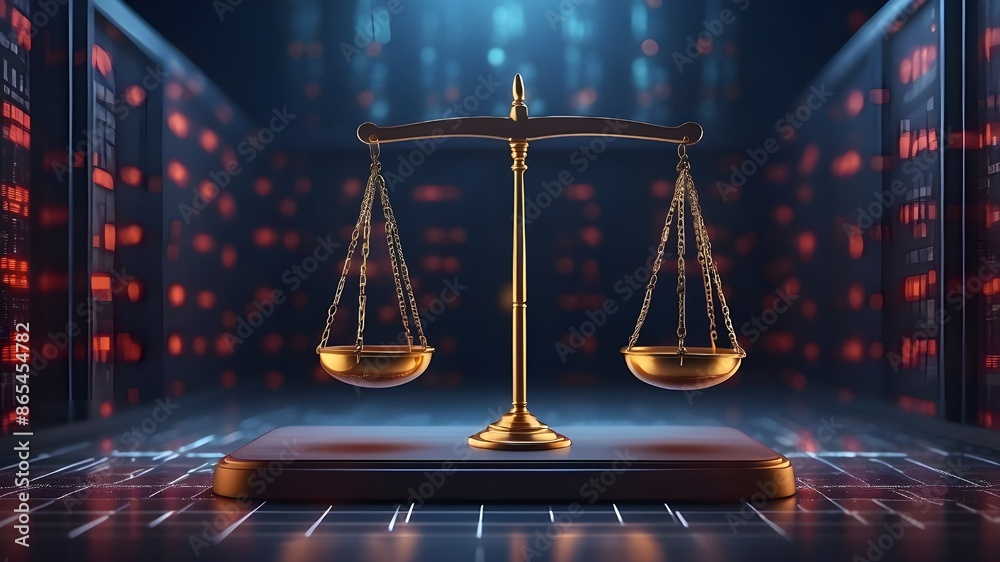 scale of justice,Law scales on background of data center. Digital law ...