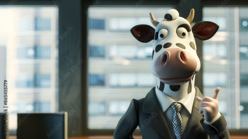 This image features an animated cow in a full business suit, standing ...