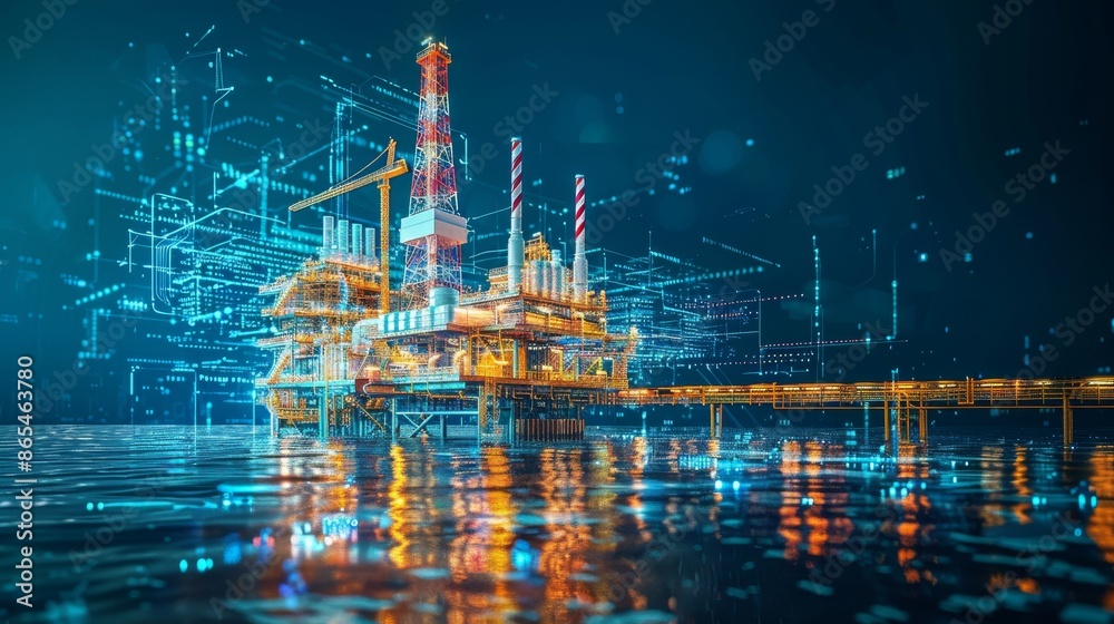 A detailed visualization of an offshore oil rig integrating futuristic ...