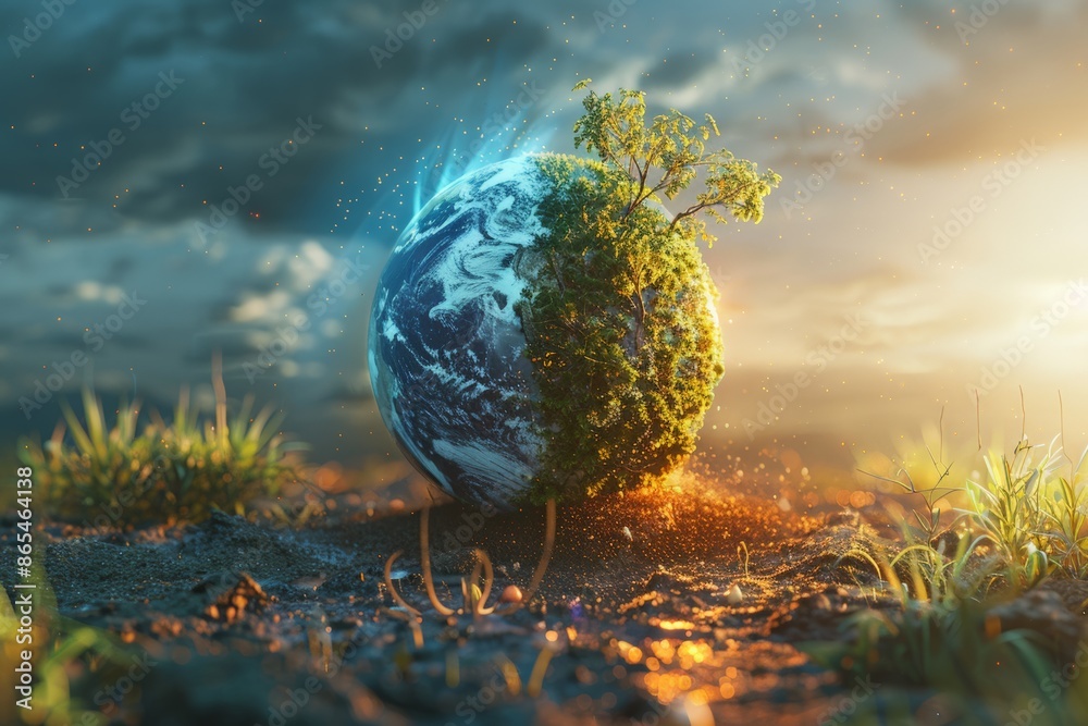 Earth-like globe with half covered in lush vegetation and half barren ...