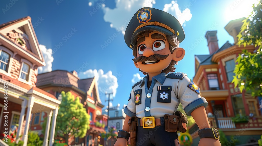 Animated police officer standing proudly in front of colorful Victorian ...