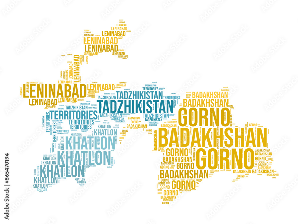 Tajikistan Word Cloud. Country shape with region division. Tajikistan ...