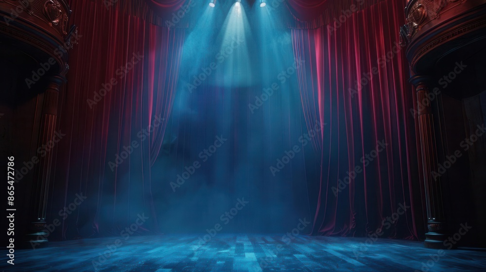 dramatic empty theater stage bathed in a single intense spotlight ...