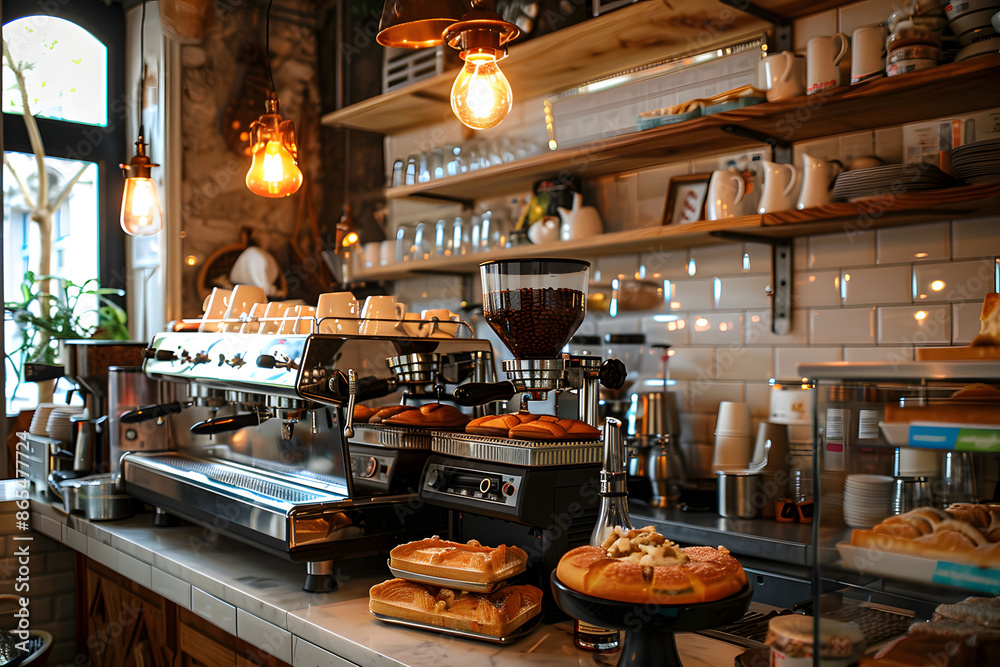 A detailed photo of a cozy café interior with a vintage espresso ...