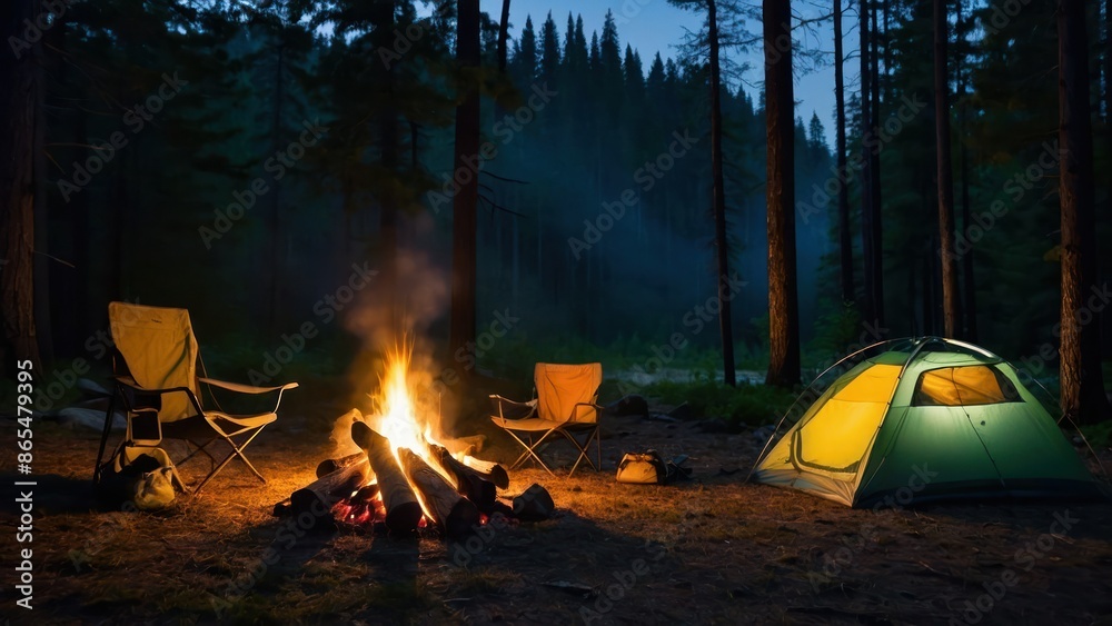 Cozy night camping in the forest with a glowing campfire, green tent ...