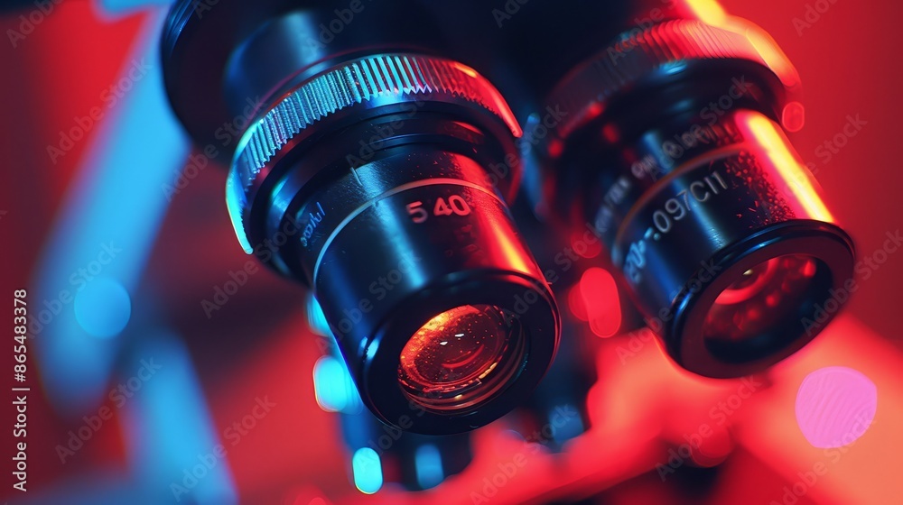 Microscope Lenses Under Red and Blue Lights - Close-up shot of a ...