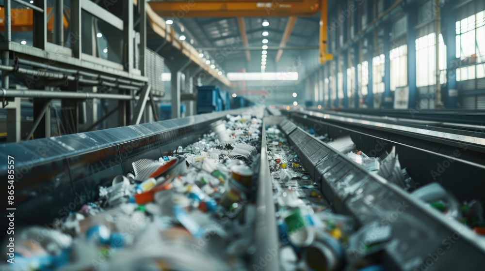 Conveyor belt is filled with trash, including plastic bottles and cans. Concept of waste and ...