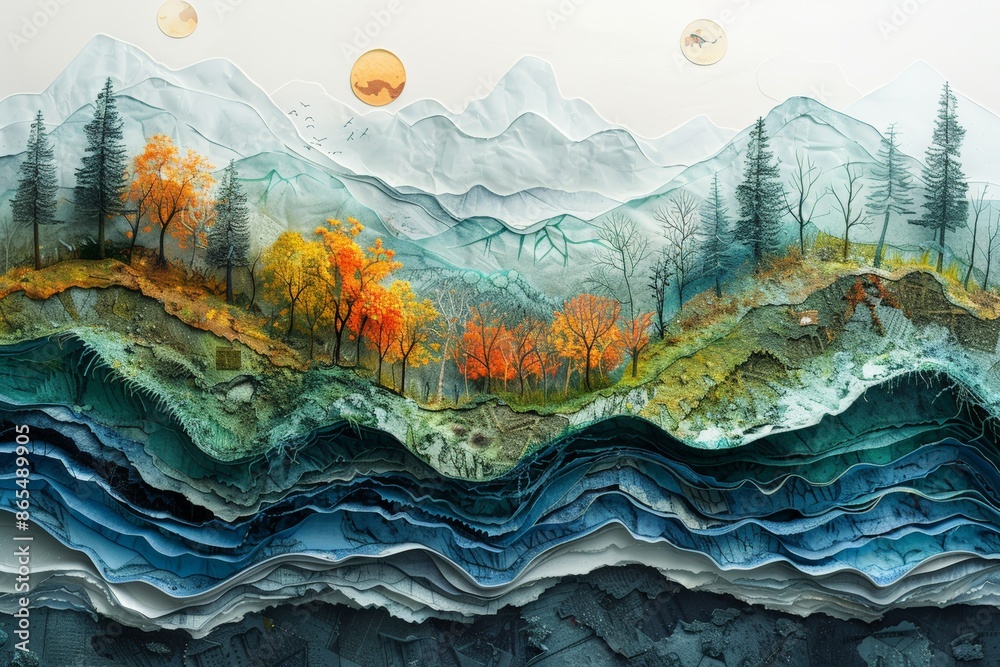 Artistic cross-section carbon cycle showing layered earth with autumn ...