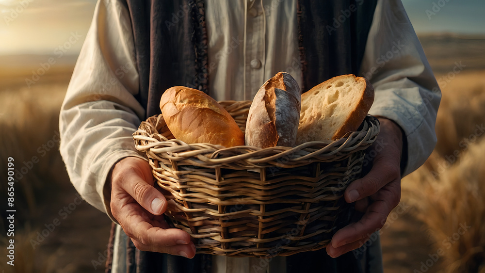 Jesus Holding a Basket with Fish and Bread - Biblical-Themed Artwork ...