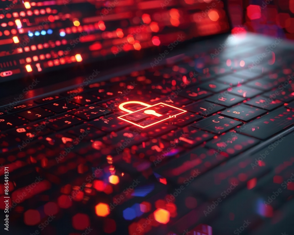 Laptop screen showing a secure lock symbol, with a digital matrix ...