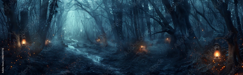 Dark scary forest, dark path illuminated by flickering lanterns ...