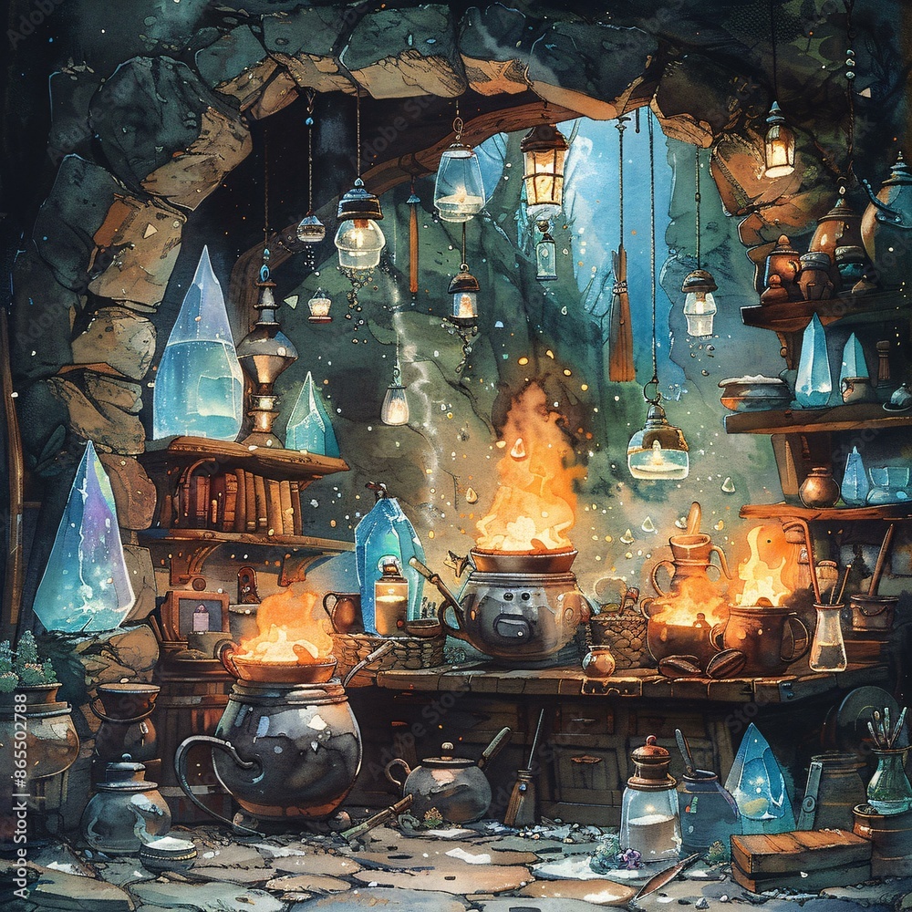 Watercolor illustration of a wizard's workshop filled with glowing ...