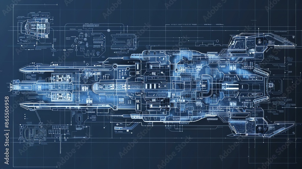 The image is a blueprint of a spaceship. It shows the layout of the ...