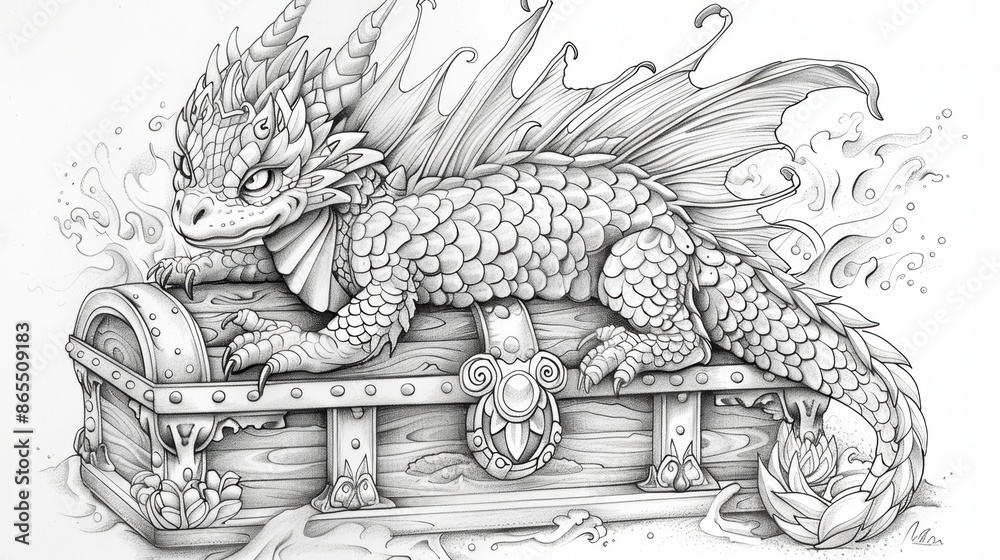 A whimsical dragon curls around a treasure chest in this coloring book ...