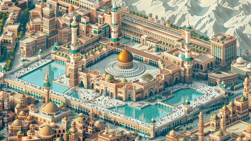 Isometric Mecca, showing the Kaaba, Abraj Al Bait Towers, and Masjid al ...