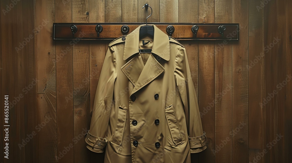 A stylish beige trench coat hanging on a wooden rack. The coat is ...