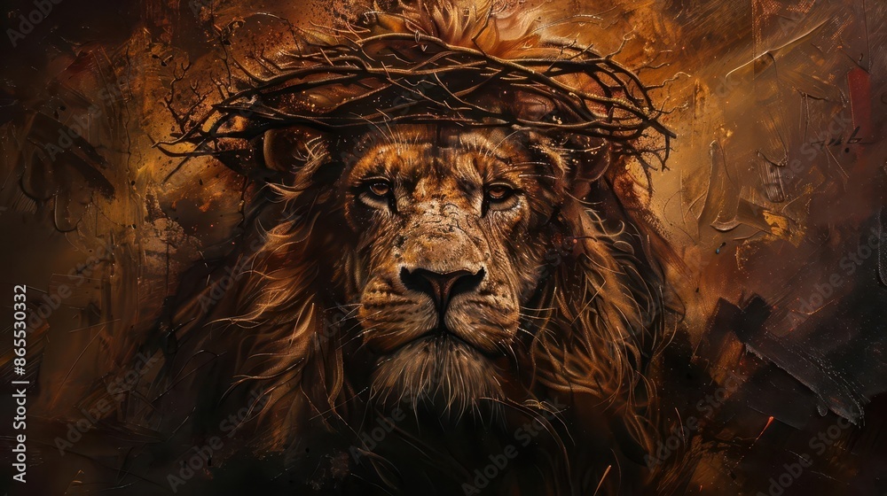 majestic lion of judah with crown of thorns symbolic christian artwork ...
