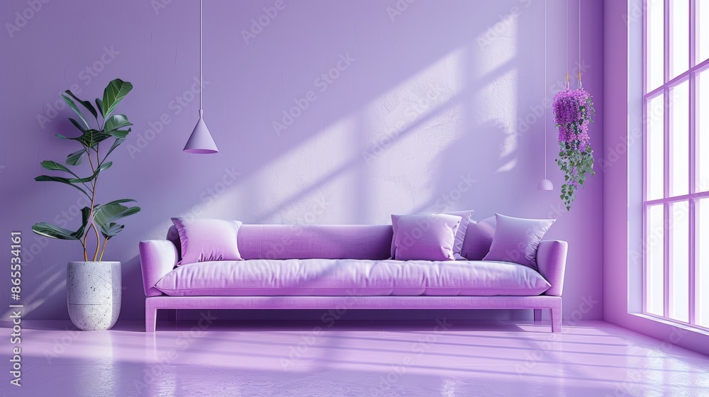 A modern living room with a minimalist design, featuring a soft violet ...