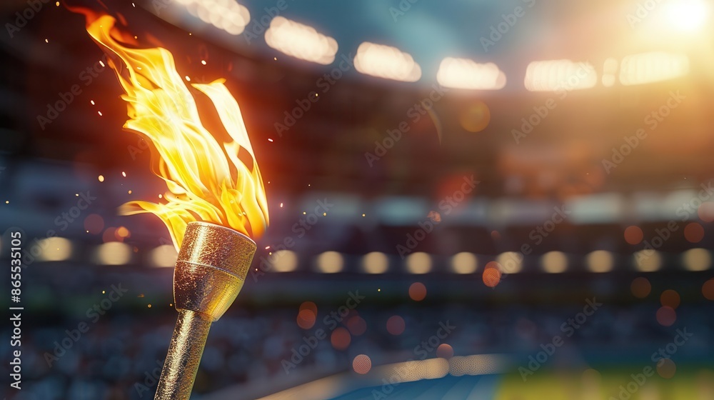 olympic torch with burning flame blurred sports stadium background ...