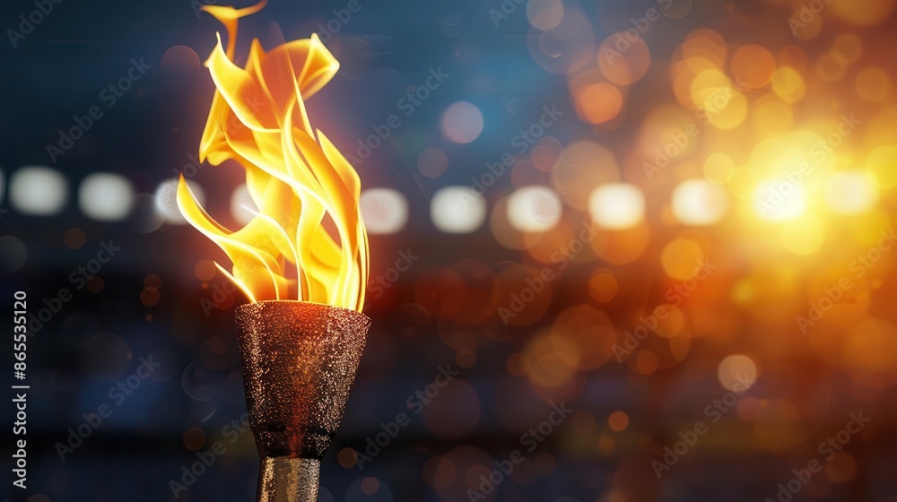 olympic torch with burning flame blurred sports stadium background ...
