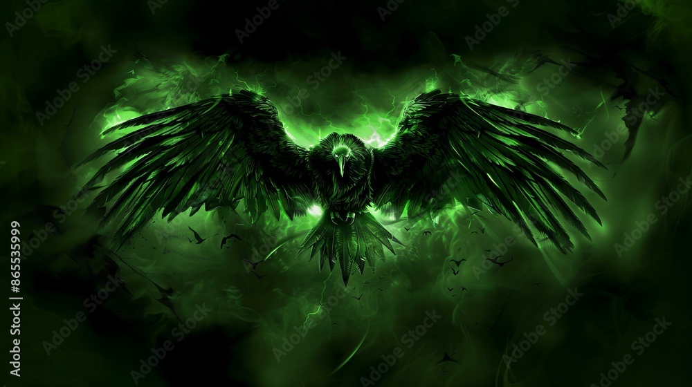 Green phoenix rising from flames. Green phoenix bird with spread wings ...