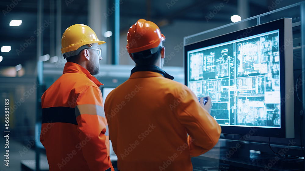 Two factory workers in orange safety jackets and helmets are intently ...