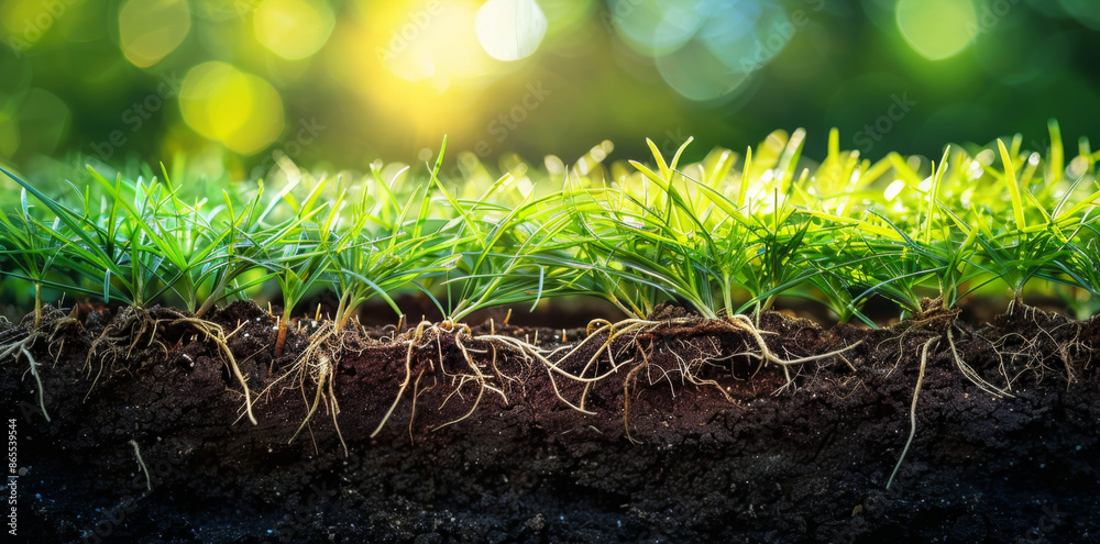 Photo of grass with underground roots and soil cross section on green ...
