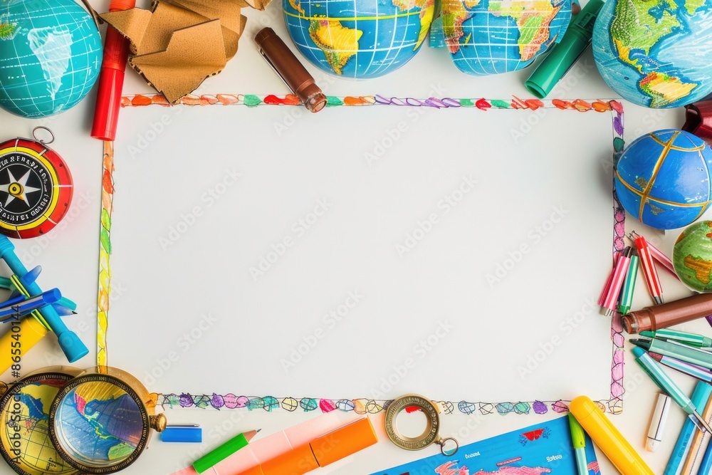 Colorful Educational Background with Children's Drawings, Globes, and ...