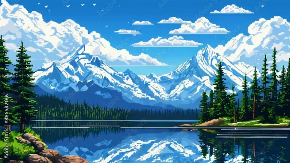 8 bit pixel game mountain lake landscape. Nature vector background with ...