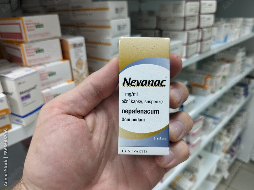 Prague, Czech Republic - July 10 2024: NEVANAC box of medication with ...