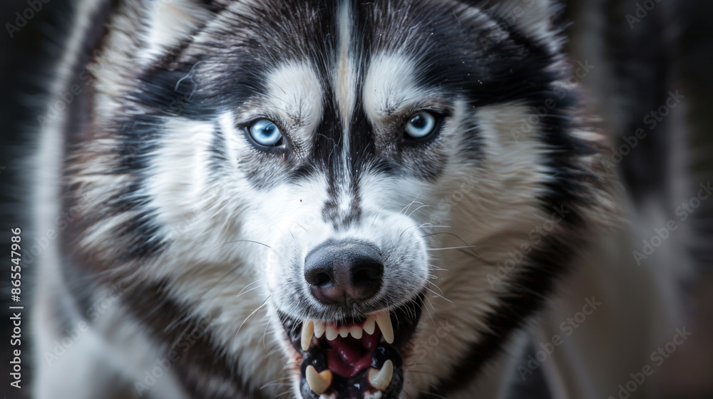 angry siberian husky dog with a blue eye and a black nose is growling ...