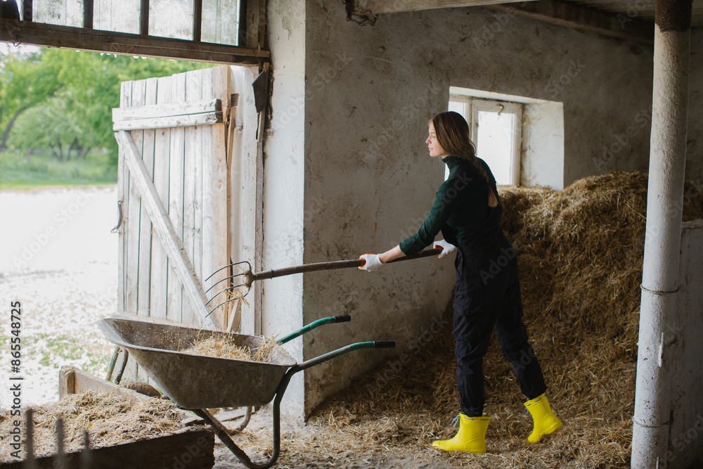 Young Woman Preparing Hay: Female Farmer in Yellow Rubber Boots ...