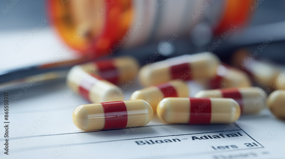Antibiotic capsules with a detailed prescription pad in the background ...
