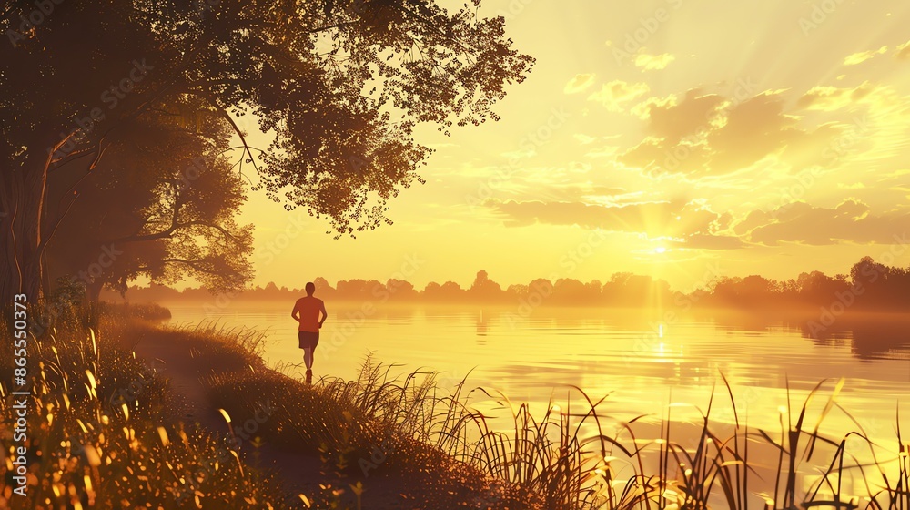 Running by the lake at sunrise. A man is running along a path next to a ...