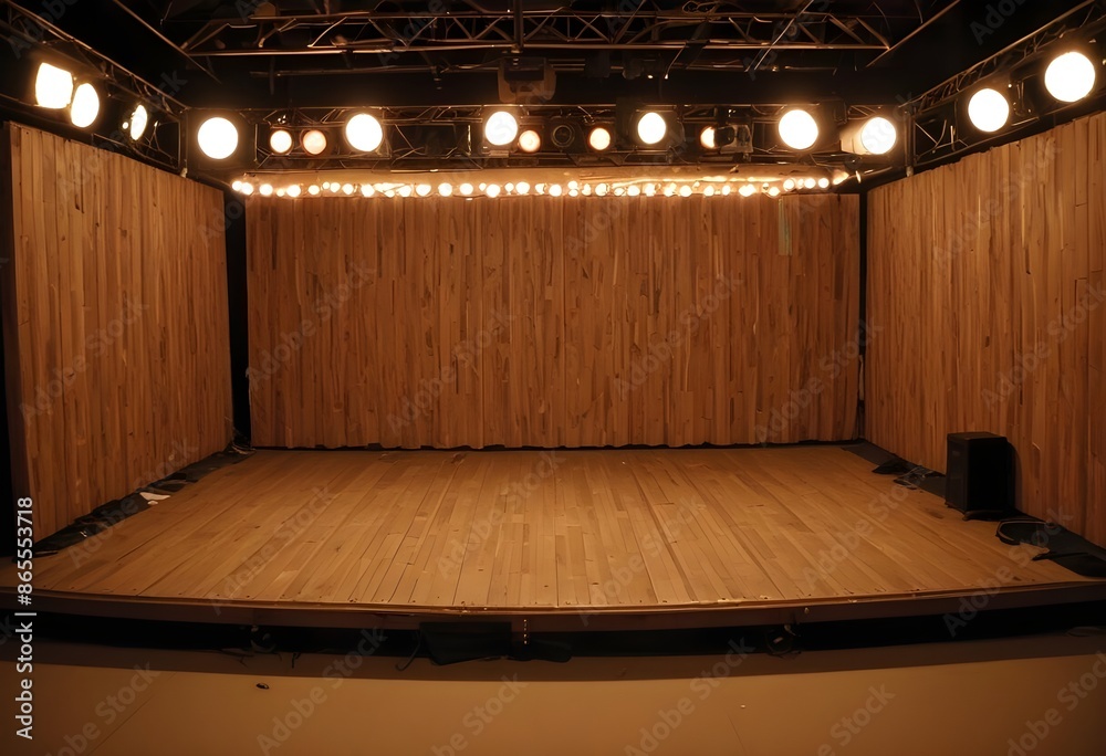 Empty wooden theater stage with a lot of spotlights for exhibition ...
