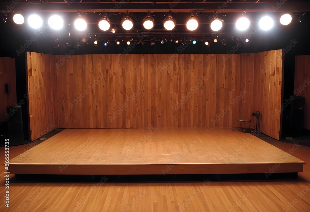 Empty wooden theater stage with a lot of spotlights for exhibition ...